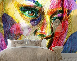 Veelkleurig dromend gezicht van ART Eva Maria op canvas, behang en meer